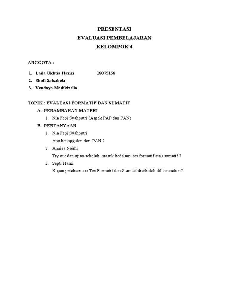 Laporan Presentasi Evaluasi Formatif Dan Sumatif | PDF