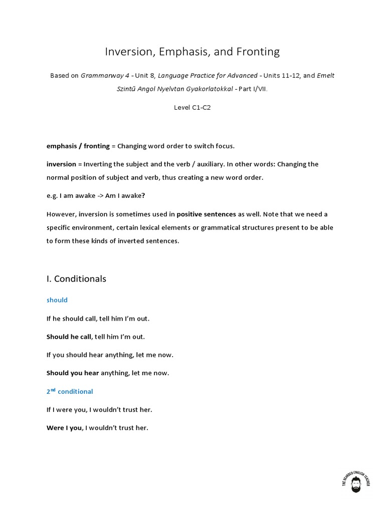 Inversion, Emphasis, and Fronting: I. Conditionals | PDF | Subject ...