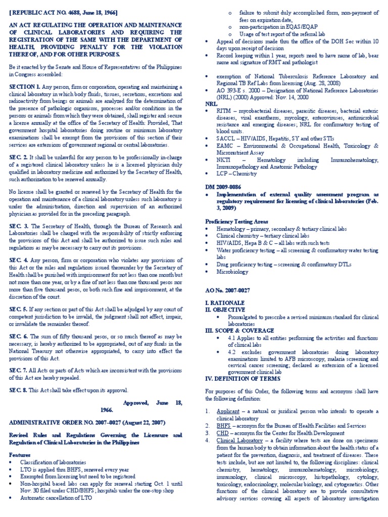RA 4688: Clinical Laboratory Regulations | PDF | Pathology | Medical ...