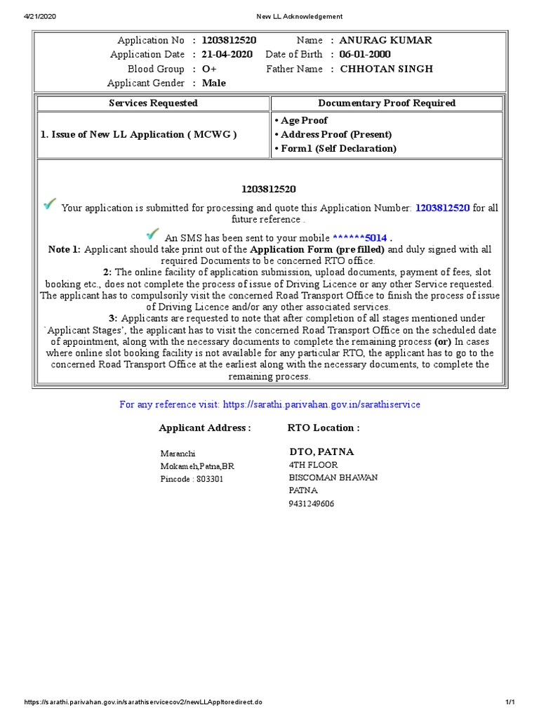 New LL Acknowledgement Driving License | PDF | Driver's License ...