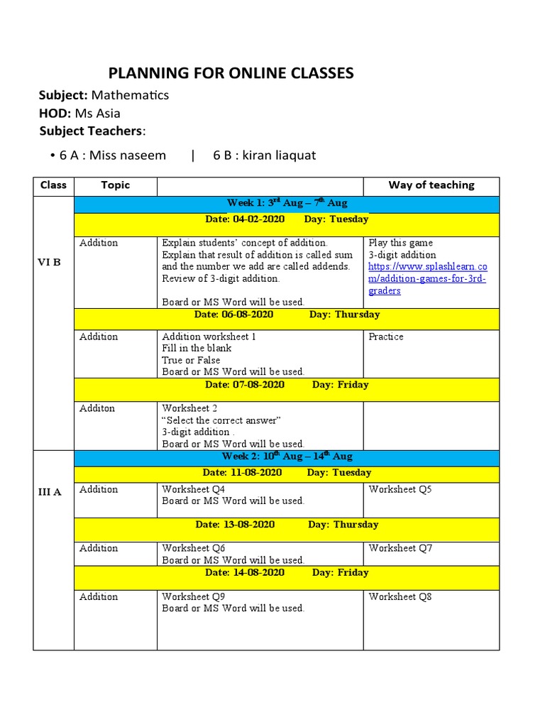 Planning Grade 6 Math Aug | PDF | Worksheet | Learning