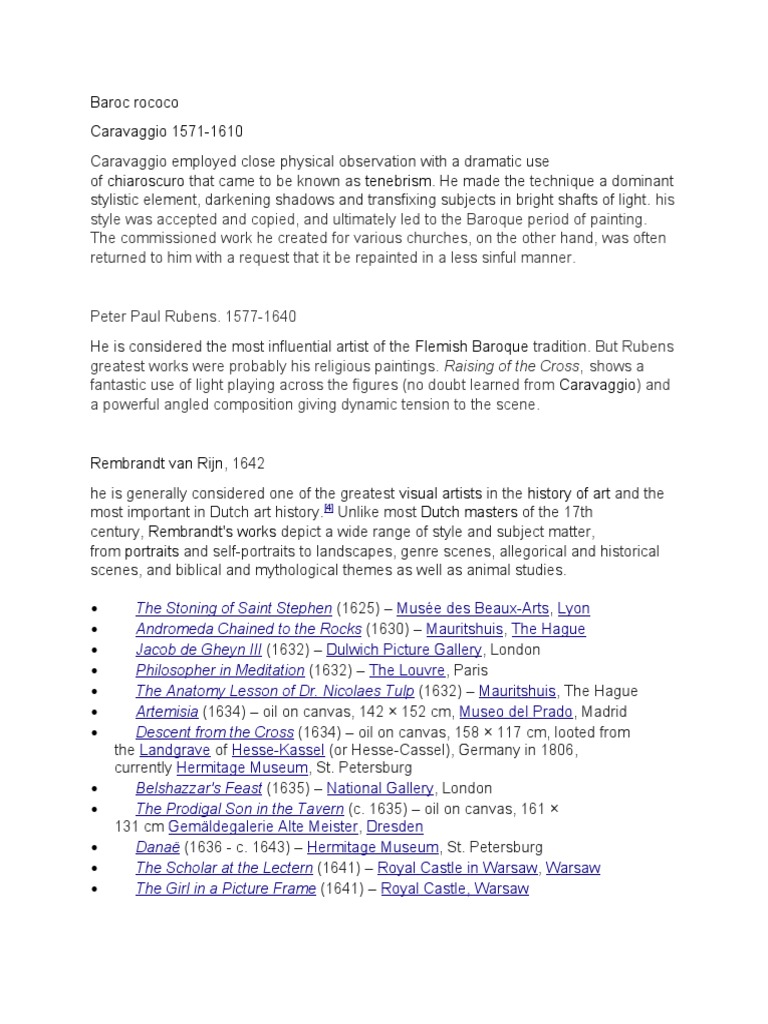 Baroque Rococo Art - Caravaggio, Rubens, Rembrandt & Vermeer | PDF ...