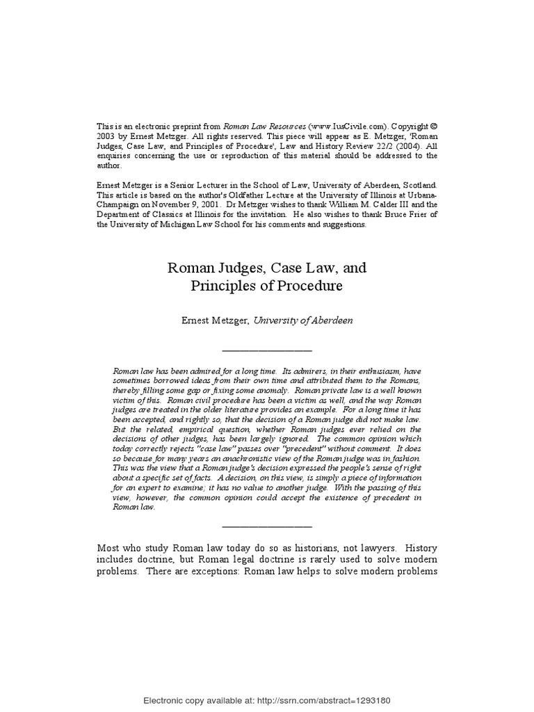 Roman Judges, Case Law, and Principles of Procedure - Ernest Metzger ...