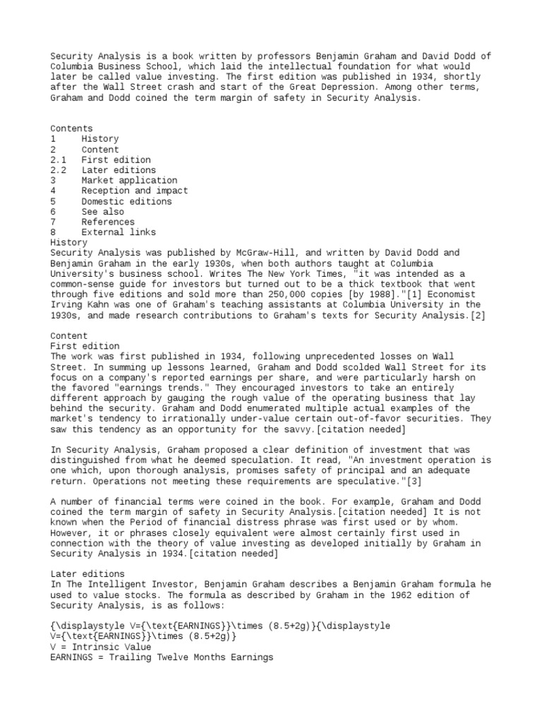 Security Analysis (Book) | PDF | Investing | Financial Economics