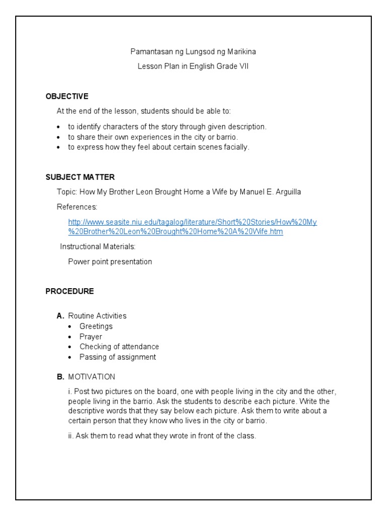 Lesson Plan For Grade 7 | PDF | Reading Comprehension | Psychological ...