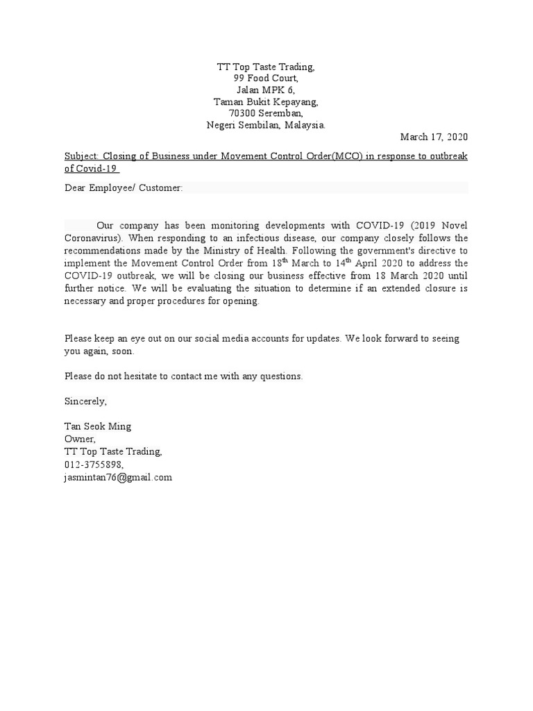 Letter of Closure of Business | PDF