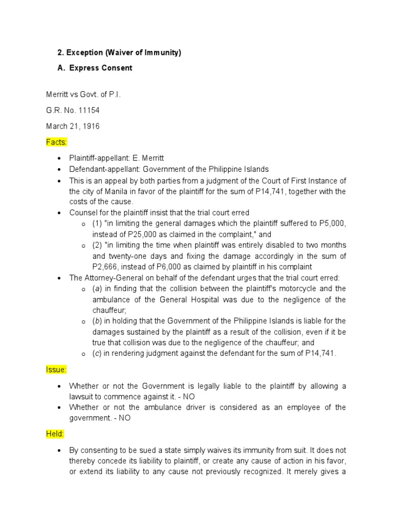 Exception (Waiver of Immunity) A. Express Consent | PDF | Lawsuit ...