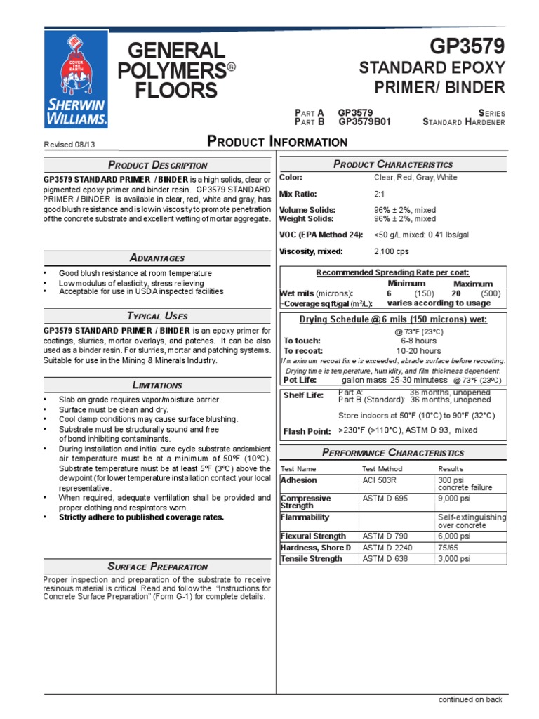 GP3579 General Polymers Floors: Standard Epoxy Primer/ Binder | PDF ...