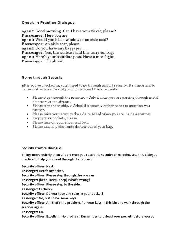 Check-In Practice Dialogue: Going Through Security | PDF | Customs ...