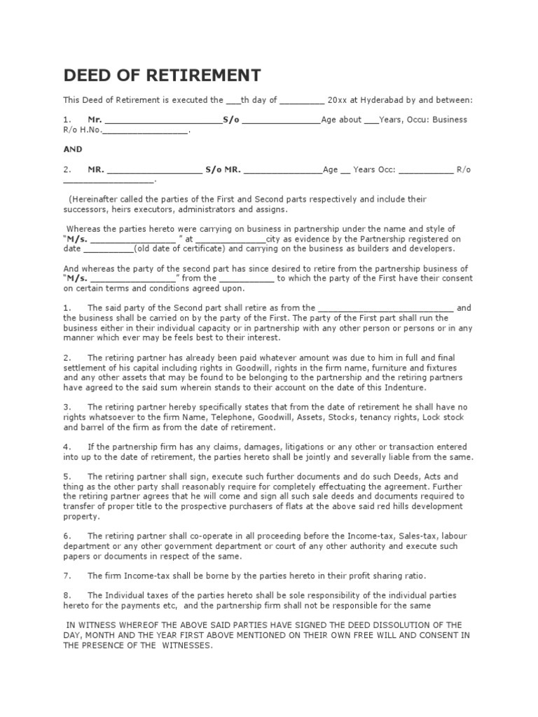 Deed of Retirement | PDF | Deed | Partnership