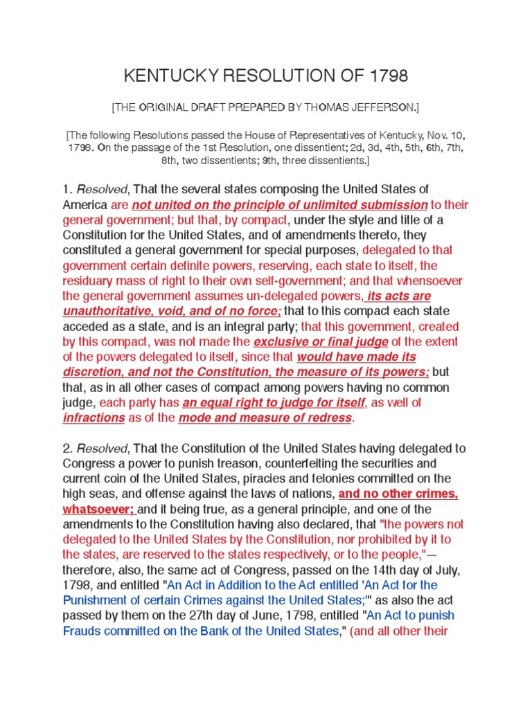 Kentucky Resolution of 1798: Unauthoritative, Void, and of No Force ...