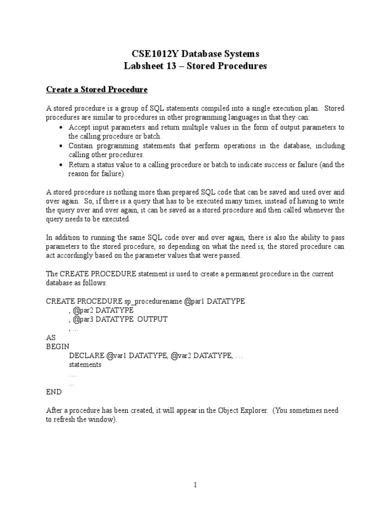 CSE1012Y Database Systems Labsheet 13 - Stored Procedures: Create A Stored Procedure | PDF ...