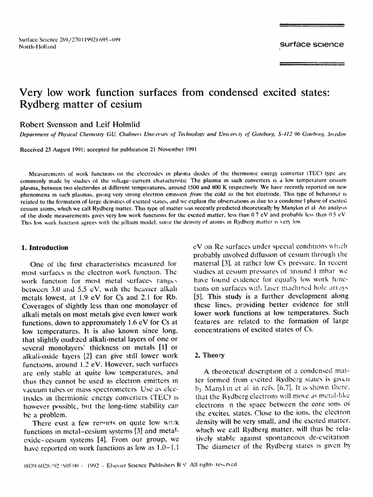 Very Low Work Function of Rydberg Matter | PDF | Plasma (Physics ...