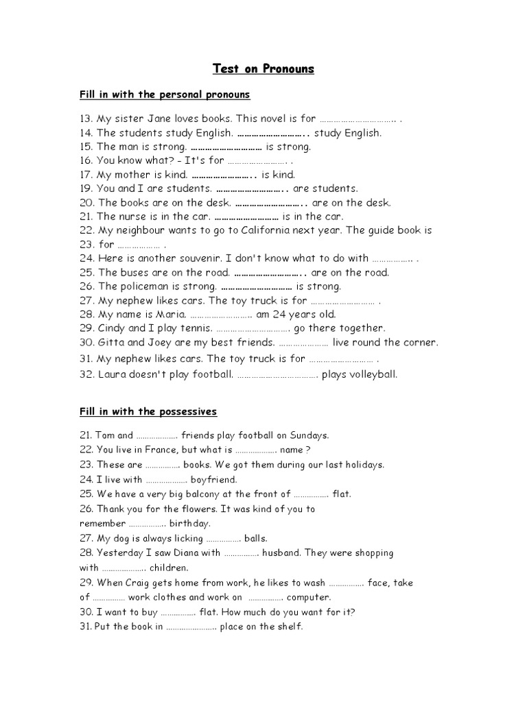 Test On Pronouns: Fill in With The Personal Pronouns | PDF
