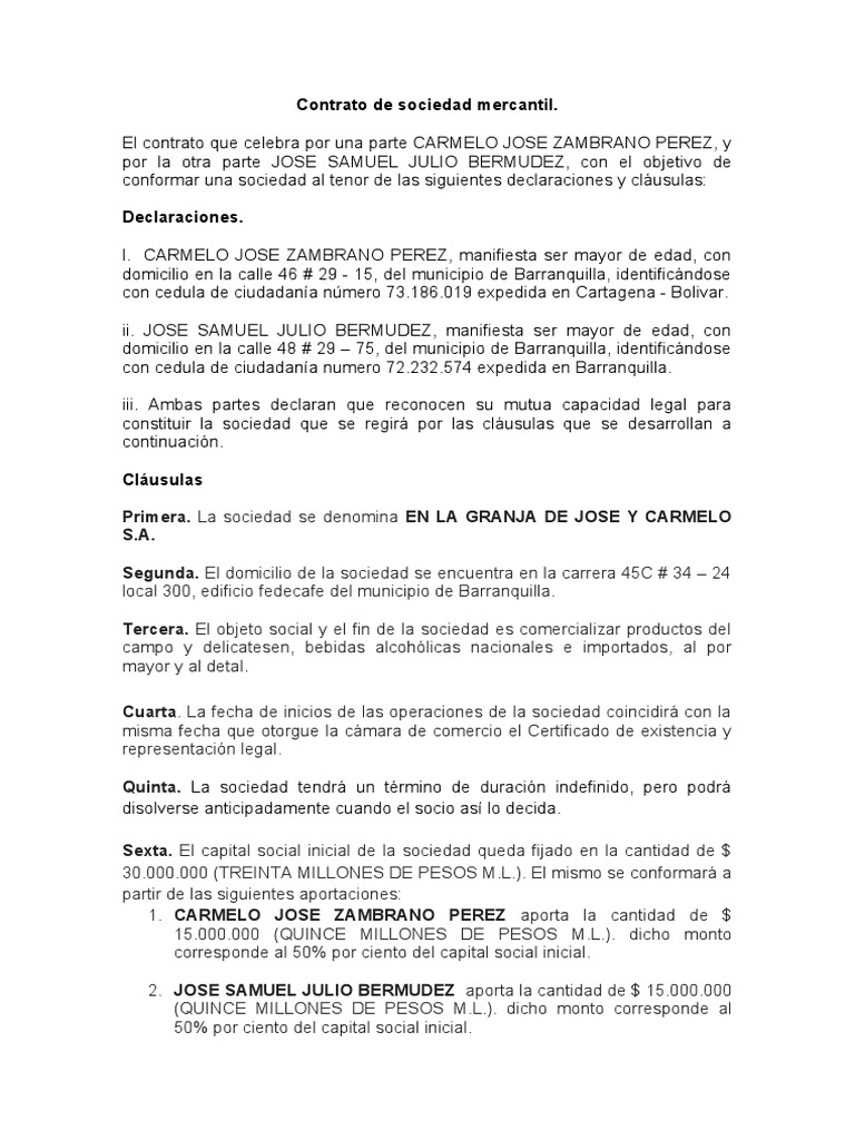 Contrato de Sociedad Mercantil Carmelo Zambrano Perez | PDF | Sociedad de responsabilidad limitada