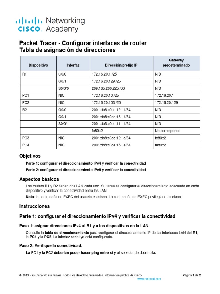 1.4.7 Packet Tracer - Configure Router Interfaces - Es XL | PDF | Dirección IP | Enrutador ...