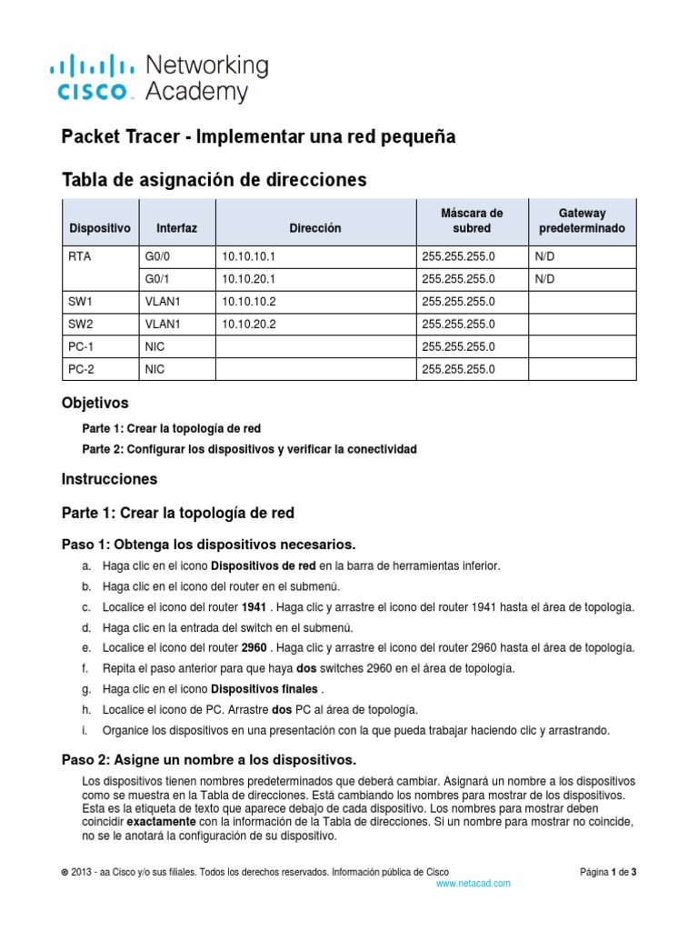 1.6.1 Packet Tracer - Implement A Small Network - Es XL | PDF ...