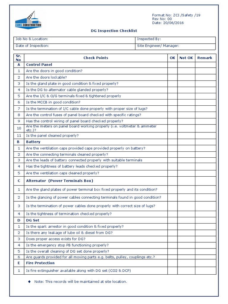 19.DG Inspection Checklist | PDF | Electrical Components | Equipment