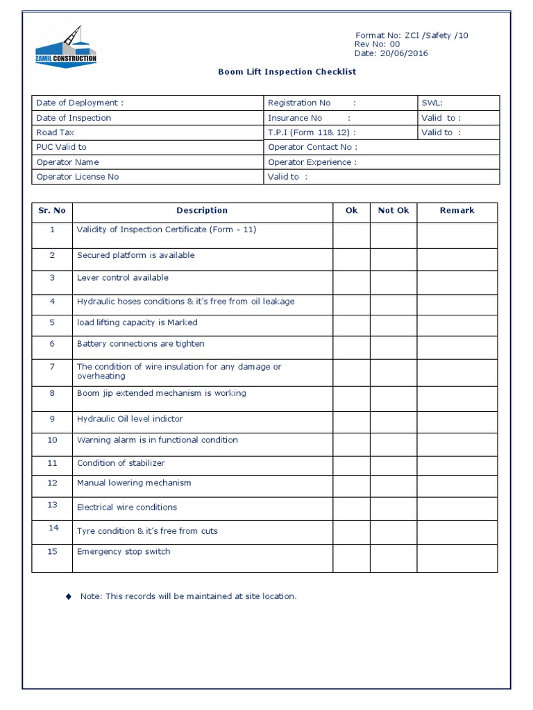 10.boom Lift Inspection Checklist | PDF