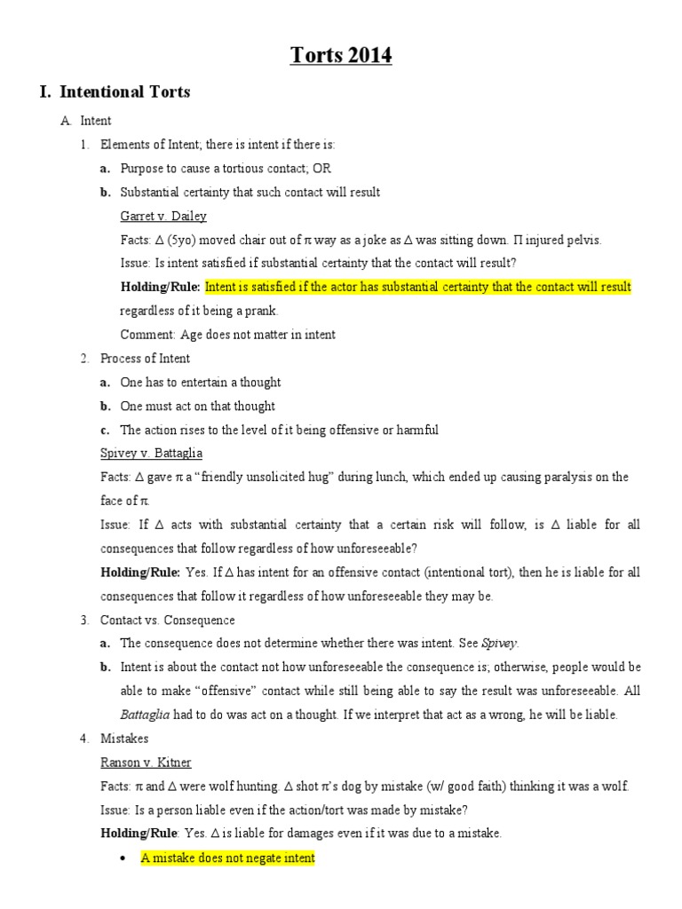 Torts Outline | PDF | Conversion (Law) | Trespass
