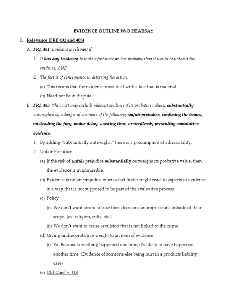 Evidence AND: Evidence Outline W/O Hearsay I. Relevance (FRE 401 and ...