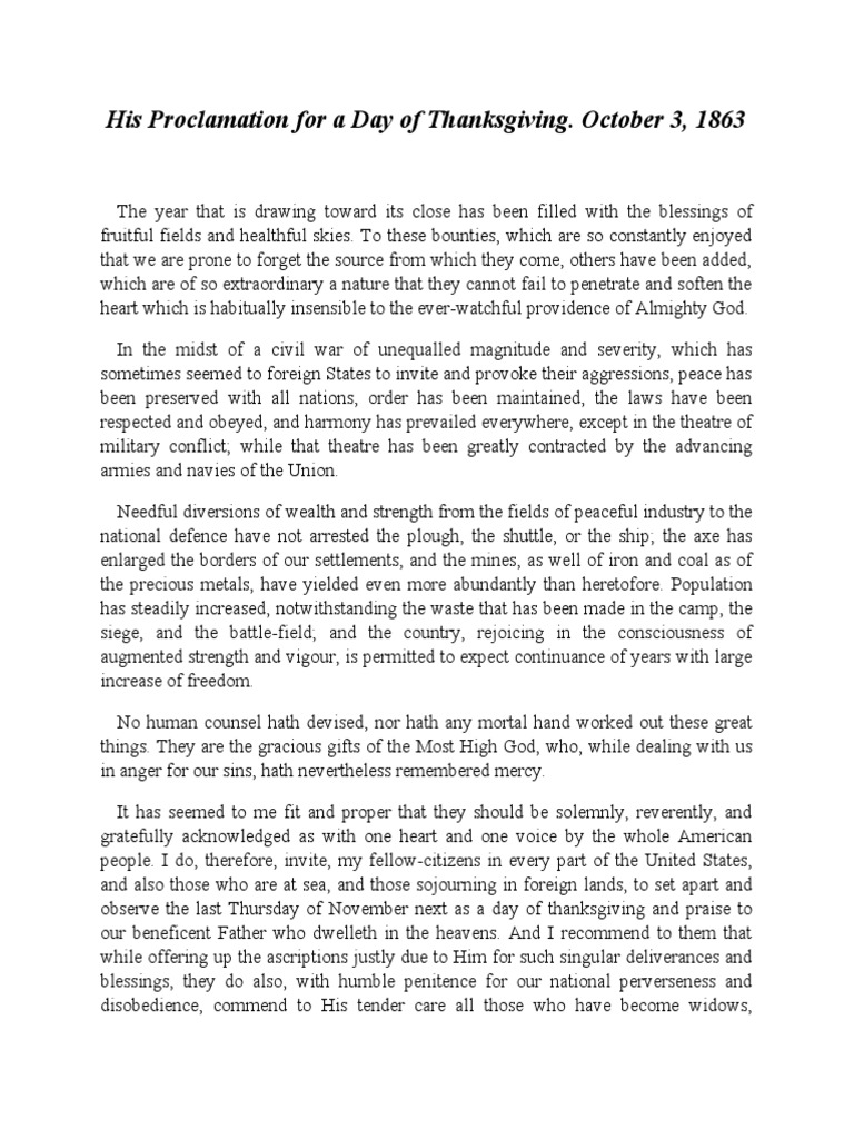 His Proclamation For A Day of Thanksgiving. October 3, 1863 | PDF