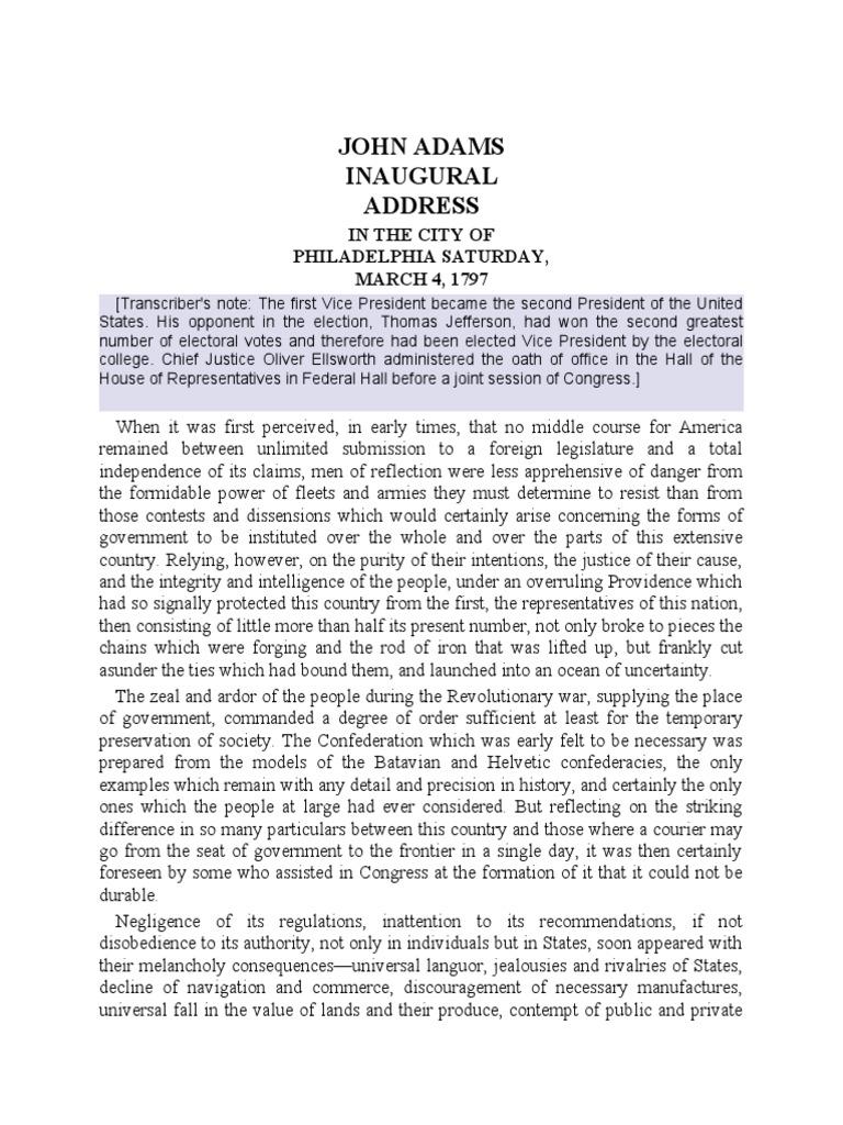 John Adams Inaugural Address | PDF | John Adams | Presidents Of The ...