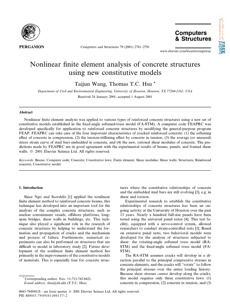 Nonlinear ®nite Element Analysis of Concrete Structures Using New Constitutive Models | PDF ...