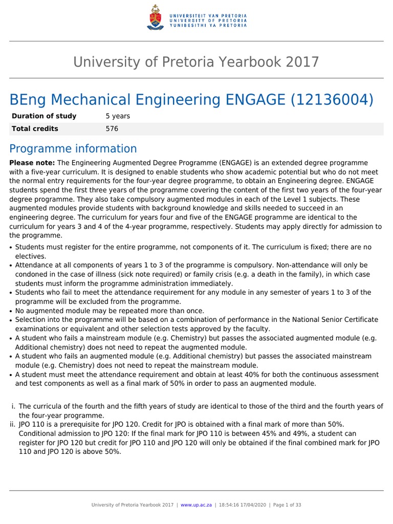 Beng Mechanical Engineering Engage (12136004) : University of Pretoria ...