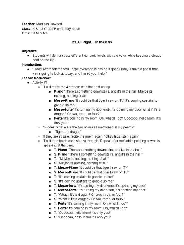 Teacher: Madison Howbert Class: K & 1st Grade Elementary Music Time: 30 ...