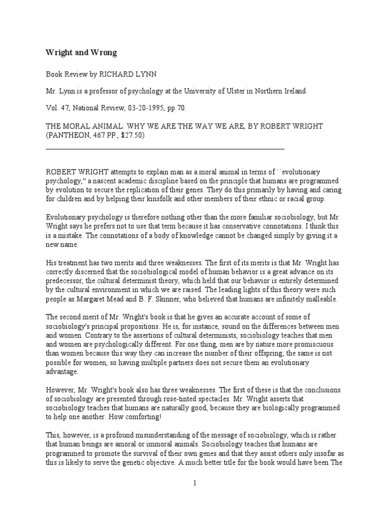 Wright and Wrong - Review of Robert Wright's ''The Moral Animal - Why ...