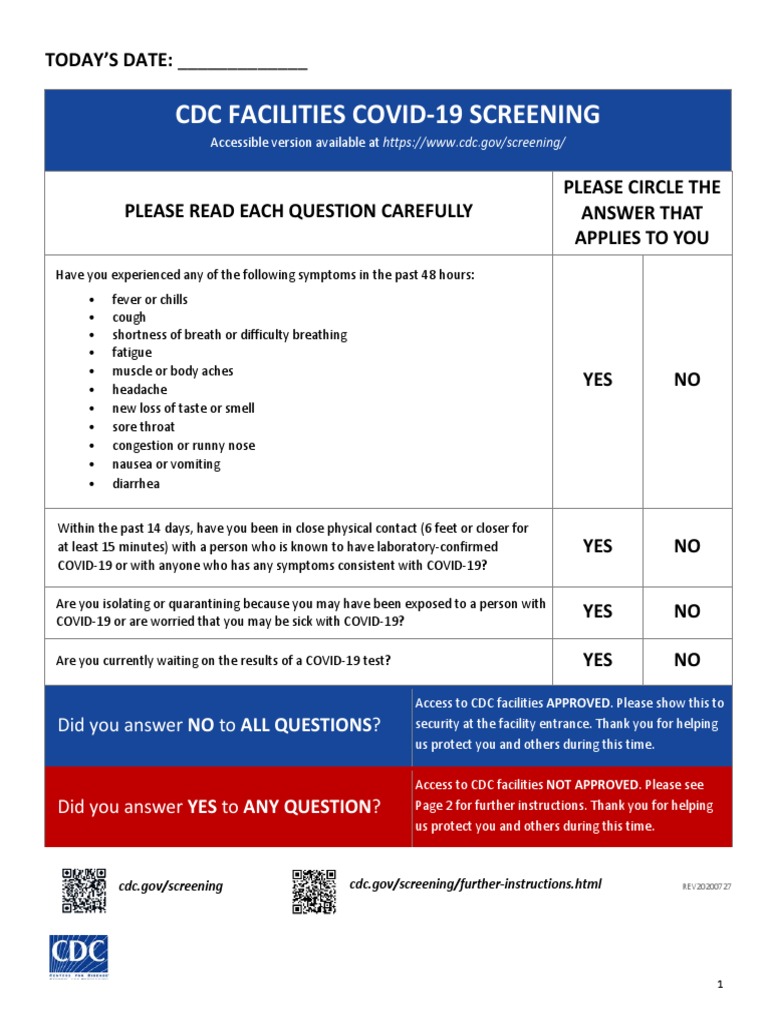 CDC Facilities Covid-19 Screening: TODAY'S DATE | PDF | Centers For ...