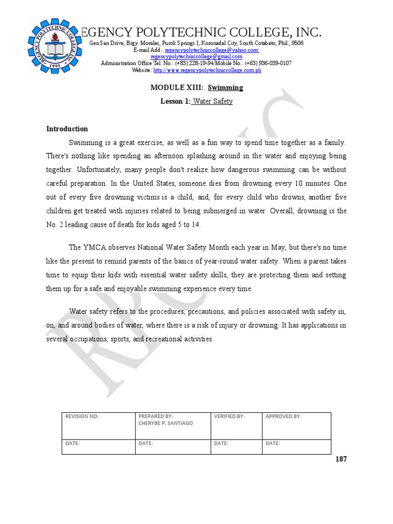 Module 13 - Water Safety | PDF | Swimming | Physical Education