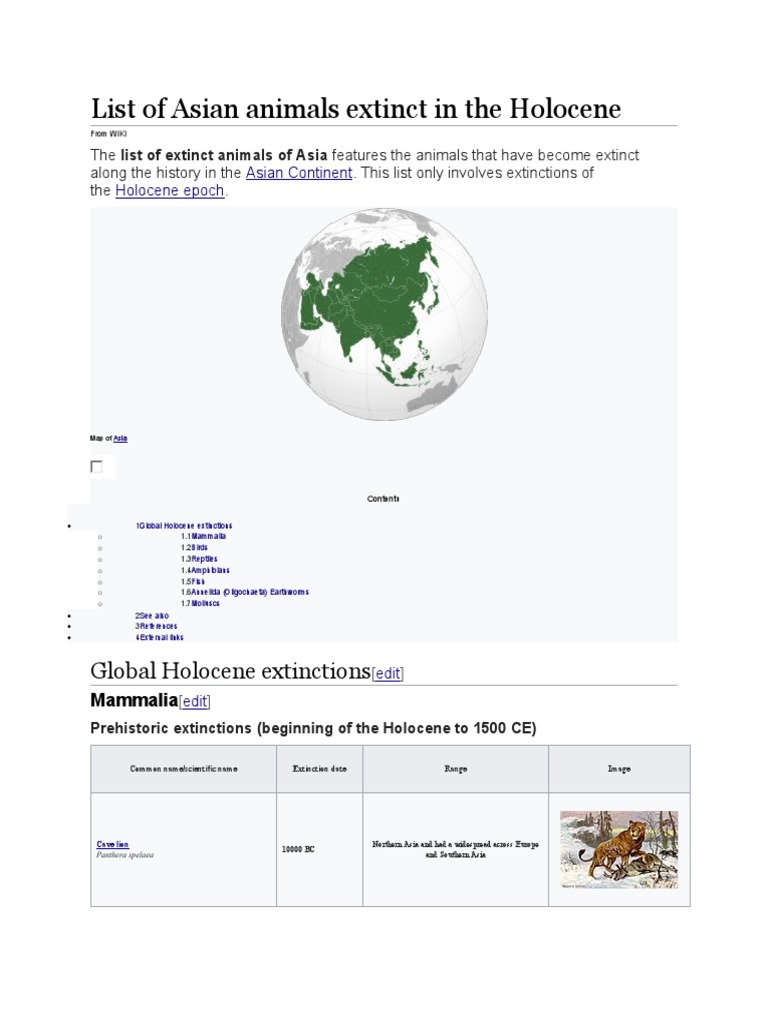 List of Asian Animals Extinct in The Holocene | PDF | Asia | Nature