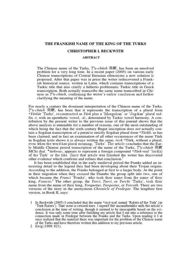 The Frankish Name of The King of The Turks Christopher I. Beckwith ...