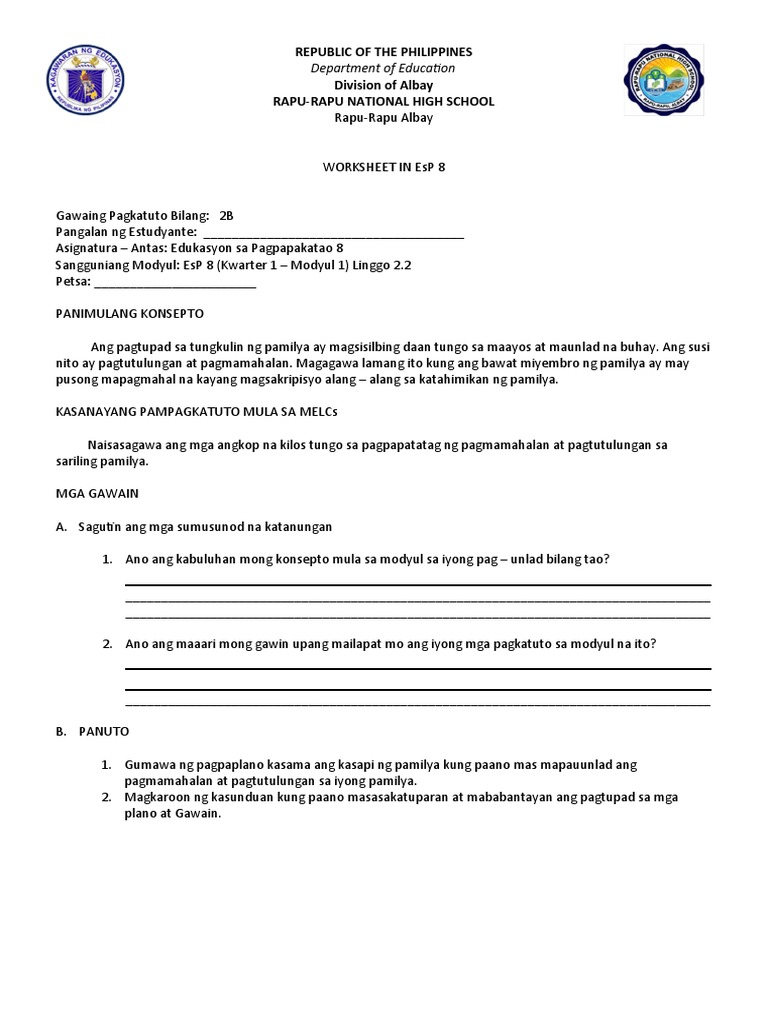 Worksheets In Esp 8 Week 2b Pdf