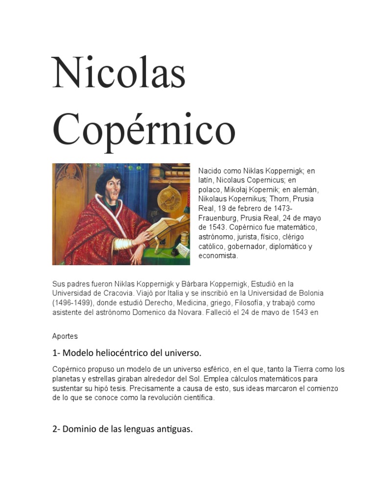Aportes de Nicolás Copérnico al saber | PDF | Nicolás Copérnico ...