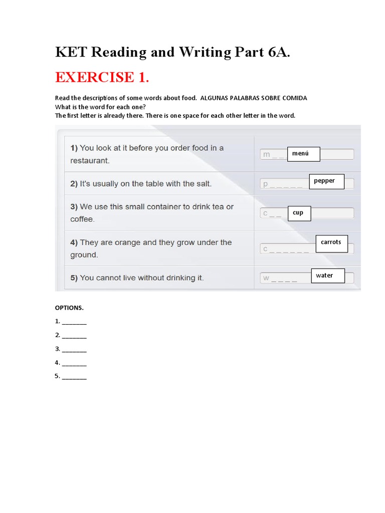 KET Reading and Writing Parts 6A - Exercises 1-5 | PDF | Foods