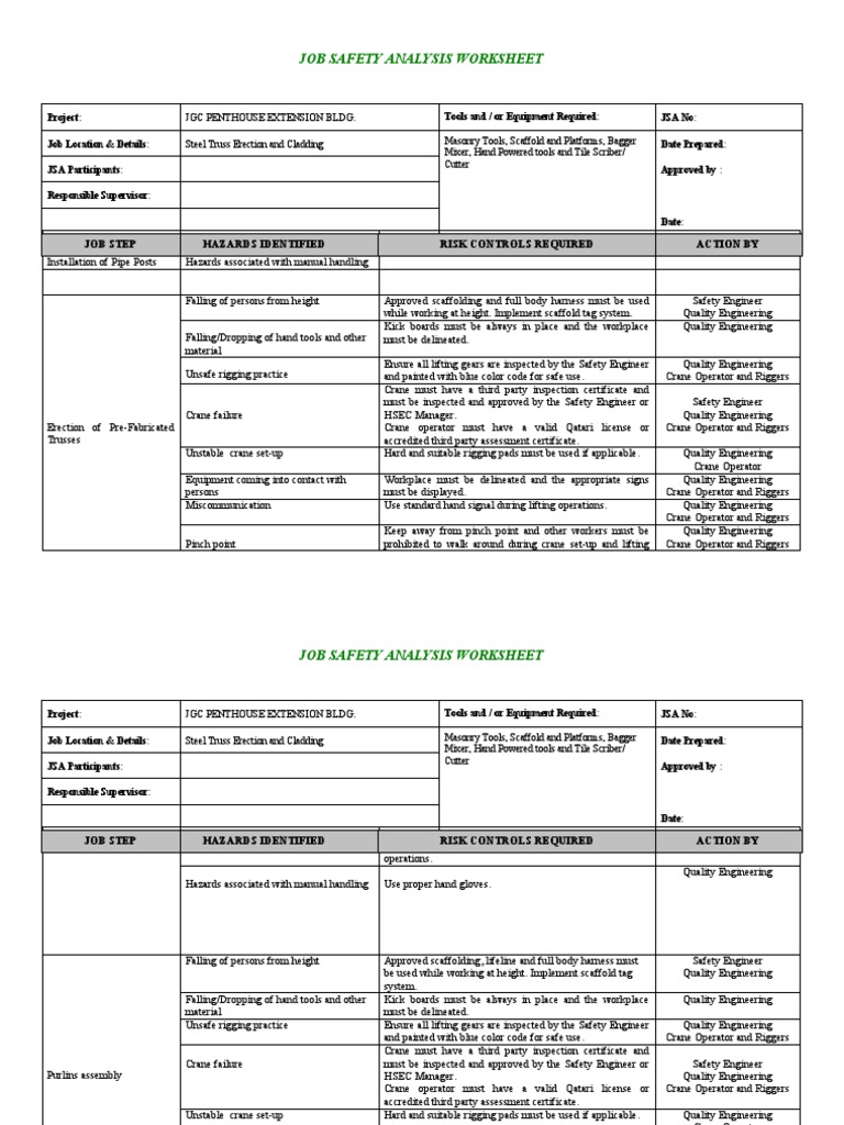 JSA Steel Truss Erection and Cladding | PDF | Crane (Machine) | Prevention