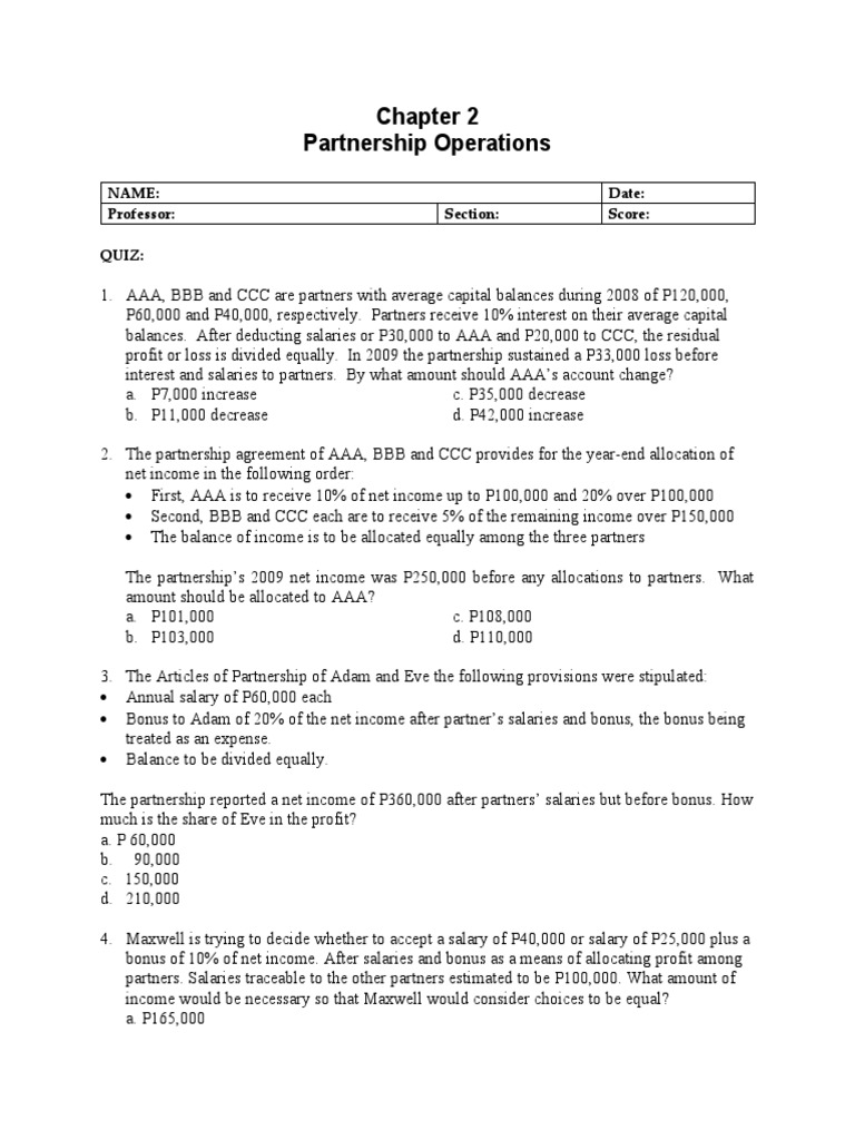 Quiz - Chapter 2 - Partnership Operations | PDF | Partnership | Income