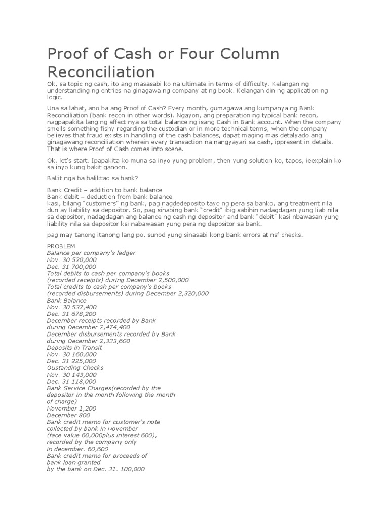 Proof of Cash or Four Column Reconciliation | PDF | Debits And Credits ...