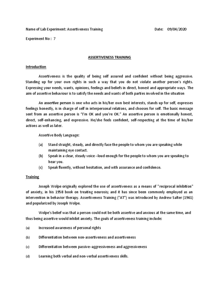 Lab On Assertiveness | PDF | Metaphysics Of Mind | Cognition