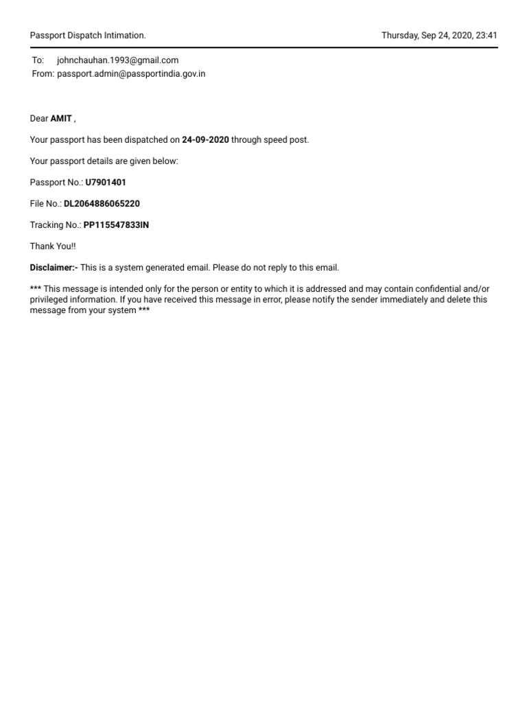 Passport Dispatch Intimation PDF | PDF