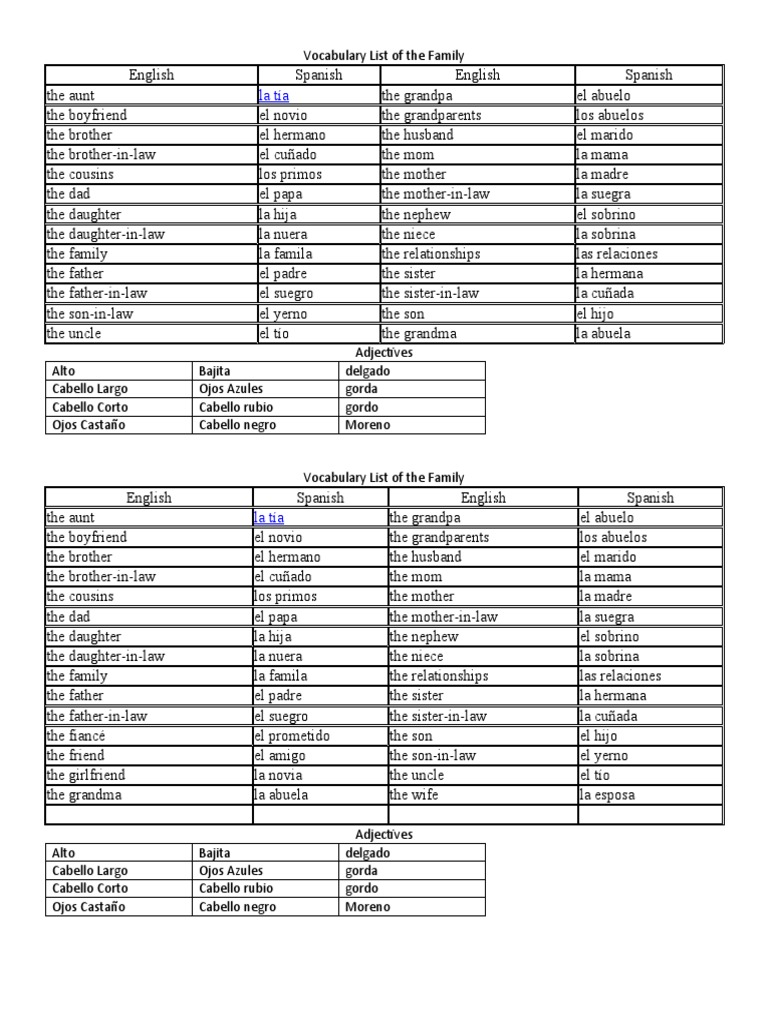 Vocab List Family | PDF | Padre e hijo | Familia