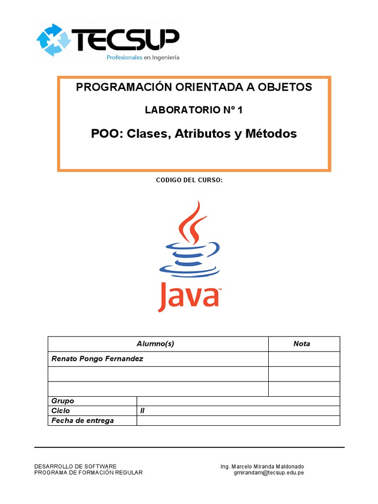 Lab 01 - POO_Clases_Atributos_Métodos-2020-2 | PDF | Java (lenguaje de programación) | Programa ...