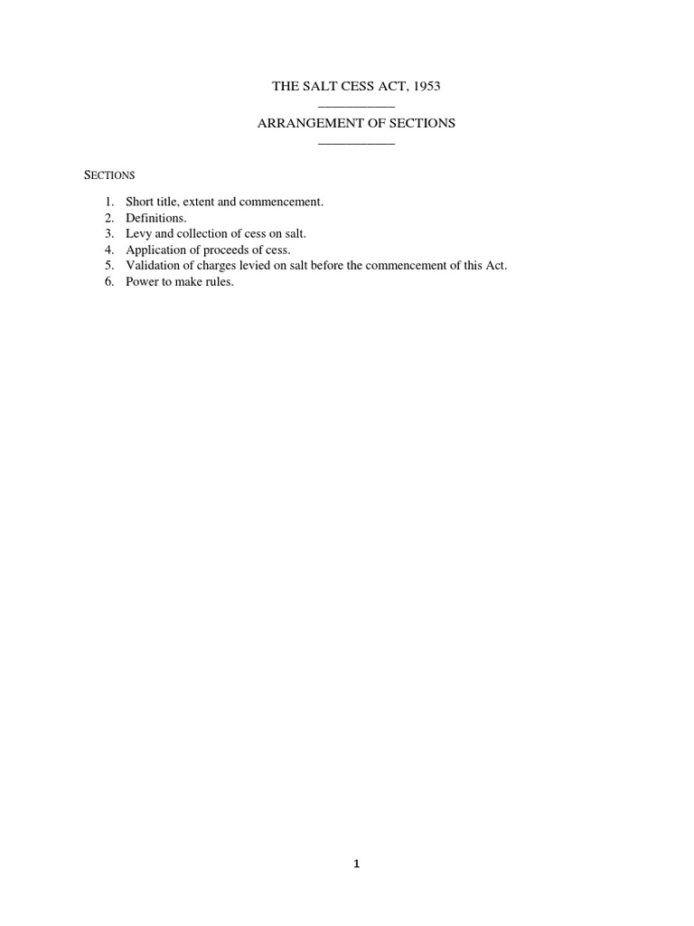 The Salt Cess Act, 1953 - Arrangement of Sections | PDF | Salt | Government