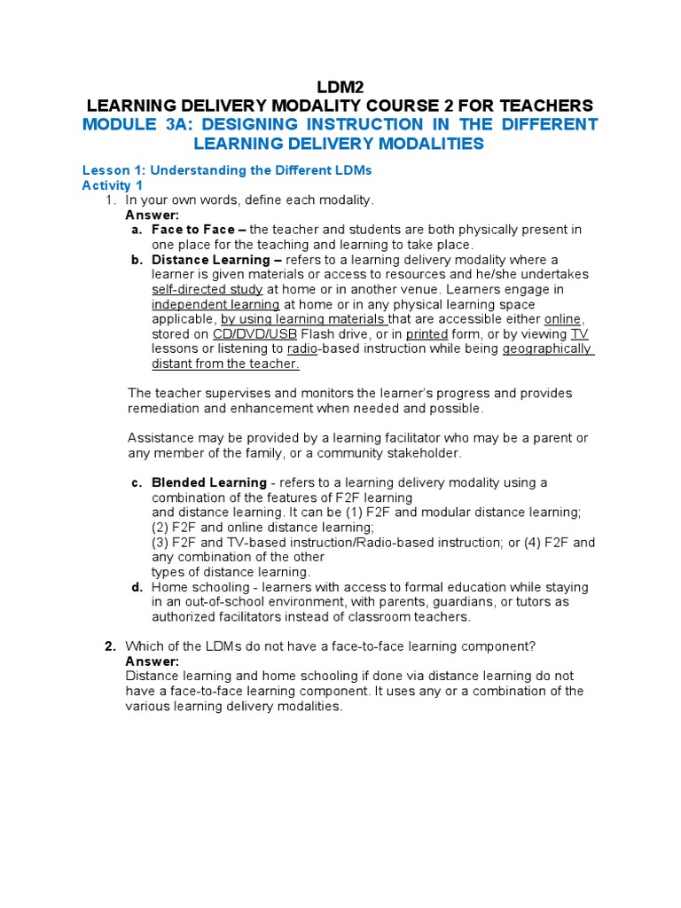 Module 3A: Designing Instruction in The Different Learning Delivery Modalities | PDF | Distance ...