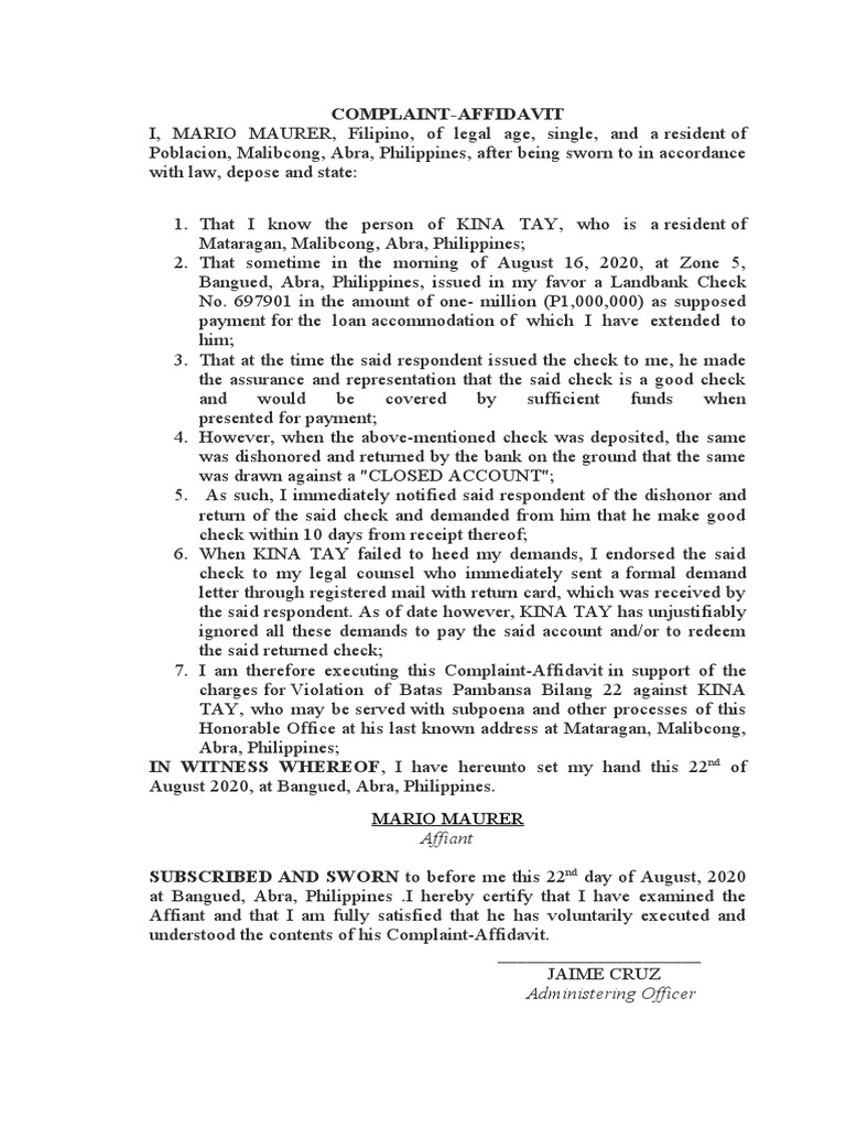 Complaint-Affidavit: Mario Maurer | PDF | Cheque | Services (Economics)