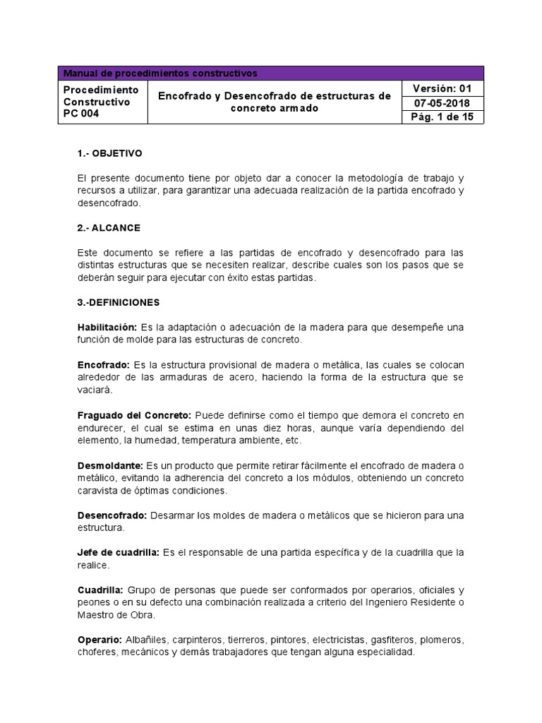 PC 004 Procedimiento Encofrado de Estructuras de Concreto | PDF ...