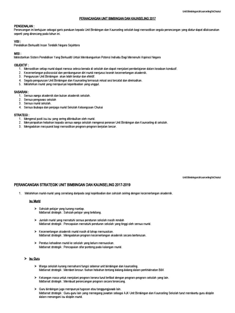 Perancangan Strategik Unit Bimbingan Dan Kaunseling 2017 | PDF